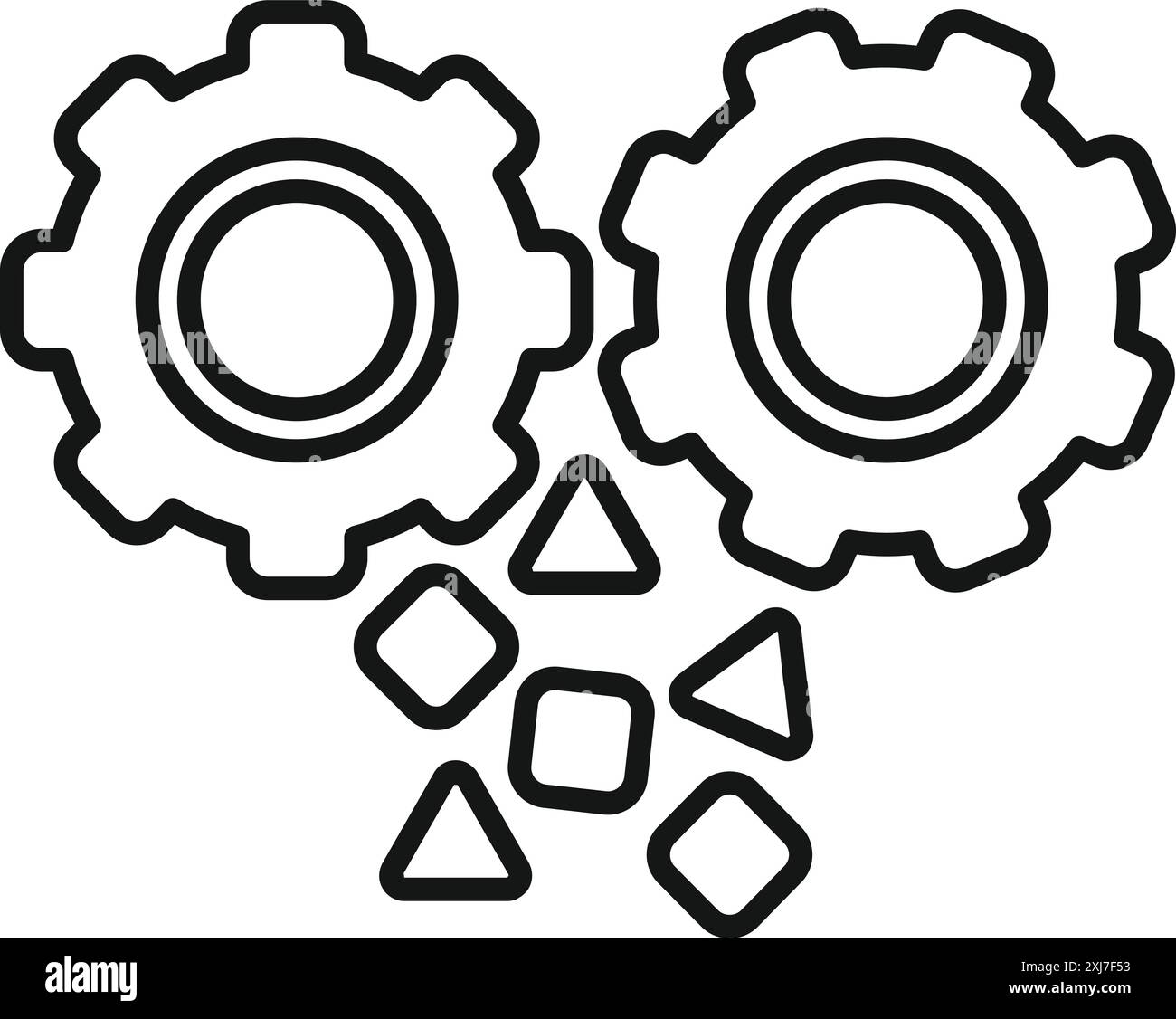 Line drawing of two gears working together to crush squares and ...