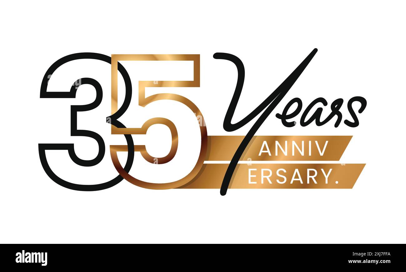 35 Years Anniversary and celebration minimalist line art style. Gold logo abstract Design ...