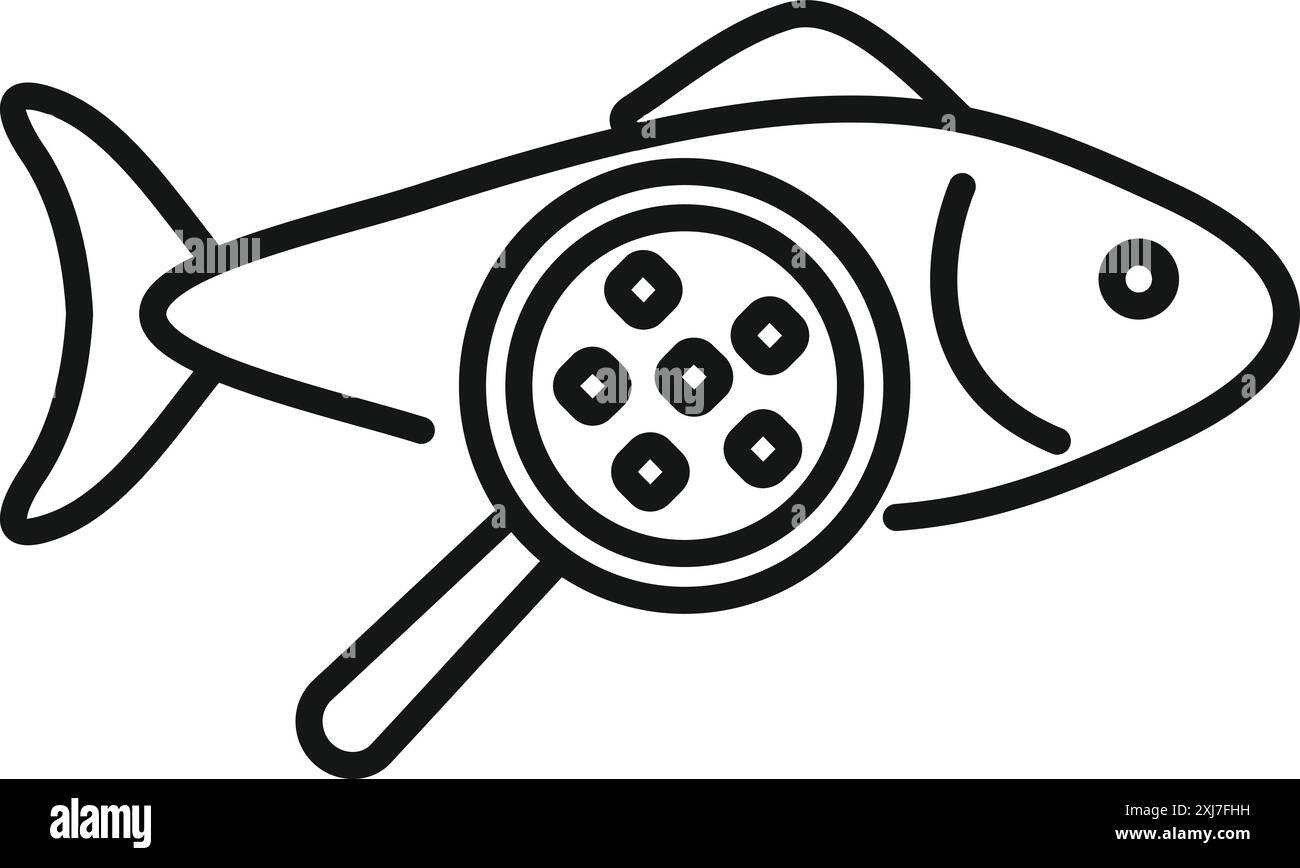 Line art icon of a fish being examined under a magnifying glass ...