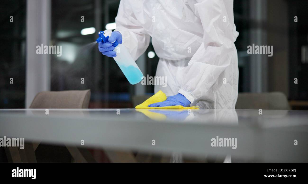 Cleaner, cleaning table and person in office for fumigation, spray ...