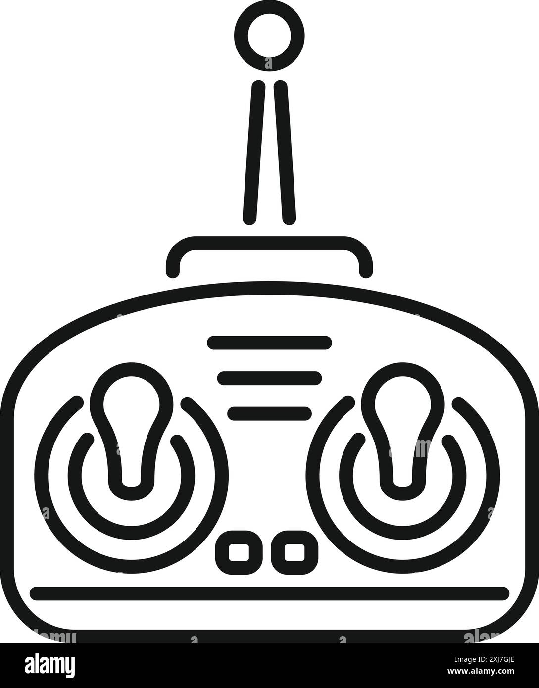 Line drawing of a remote control featuring an antenna, joysticks, and ...