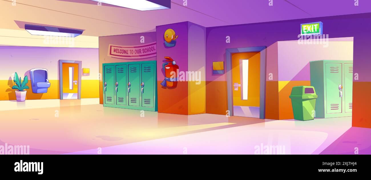 Empty school corridor with lockers and classroom doors, welcome banner ...