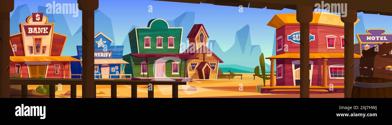 Wild west town street with buildings. Vector cartoon illustration of ...