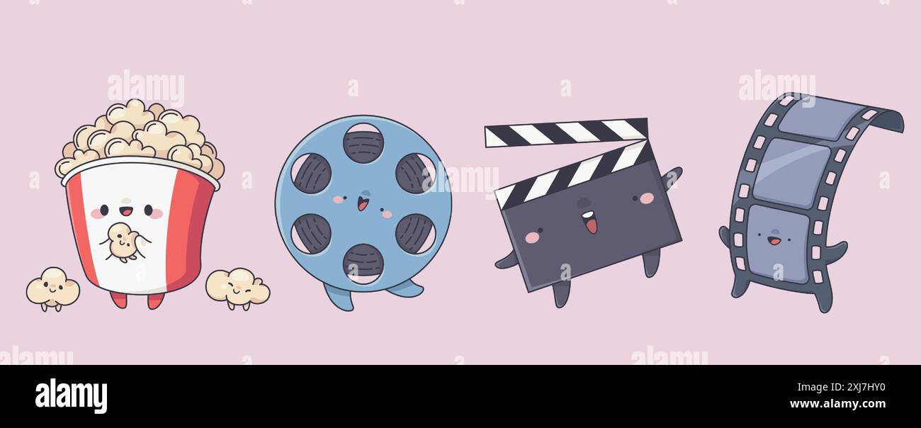 Kawaii cinema mascots set isolated on background. Contemporary vector ...