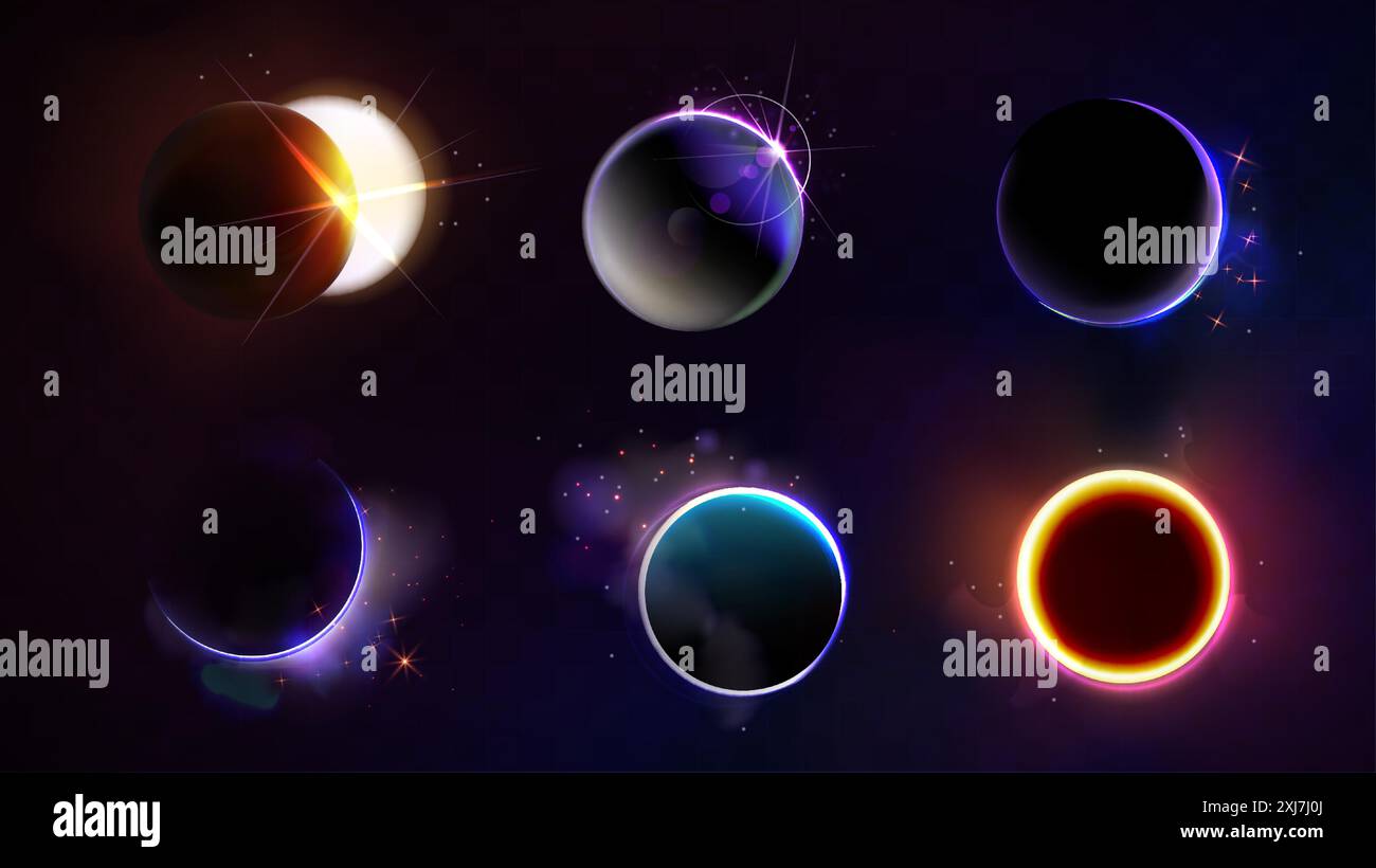 Total and partial solar eclipse with different neon glow colors on dark night sky background ...