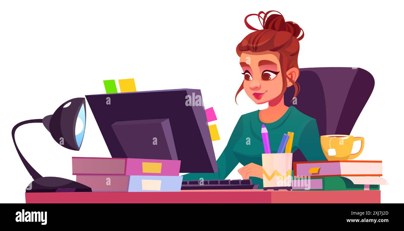 Girl student on desk do homework for school vector. Young woman study ...