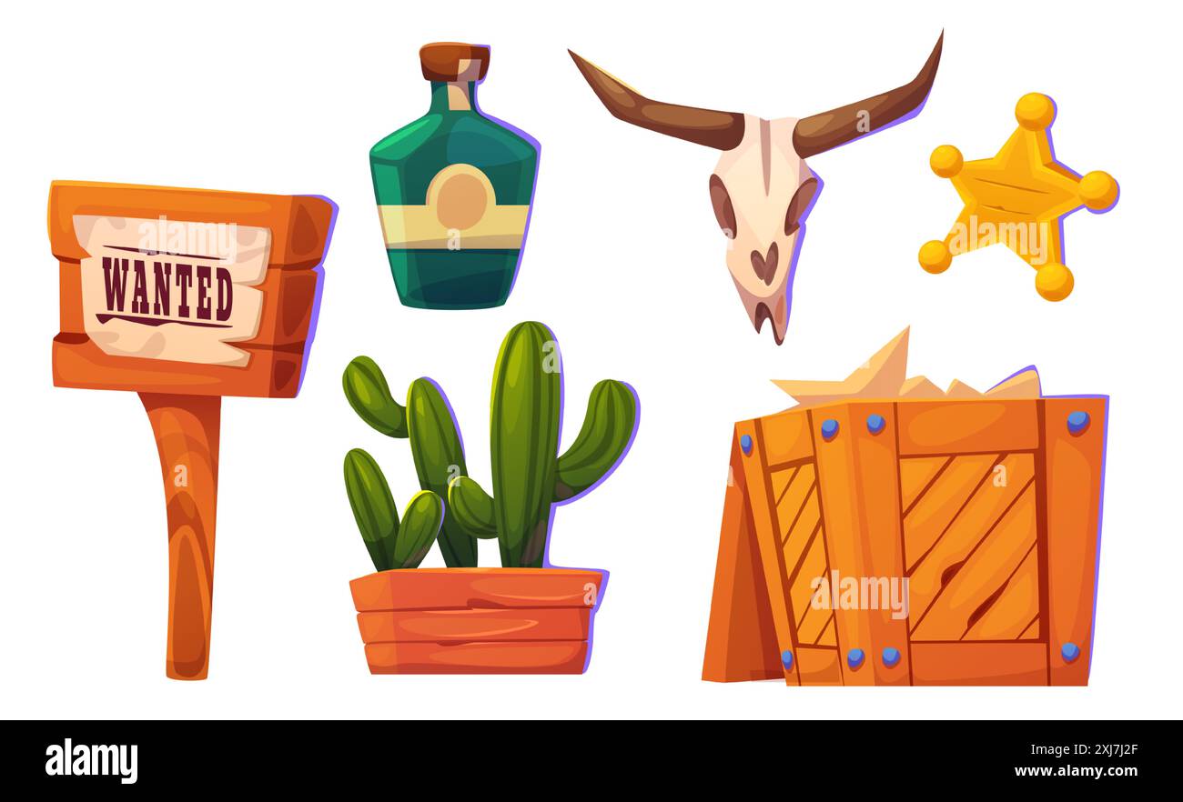 Wild west wooden sign and old bull skull cartoon. Western cowboy game ...