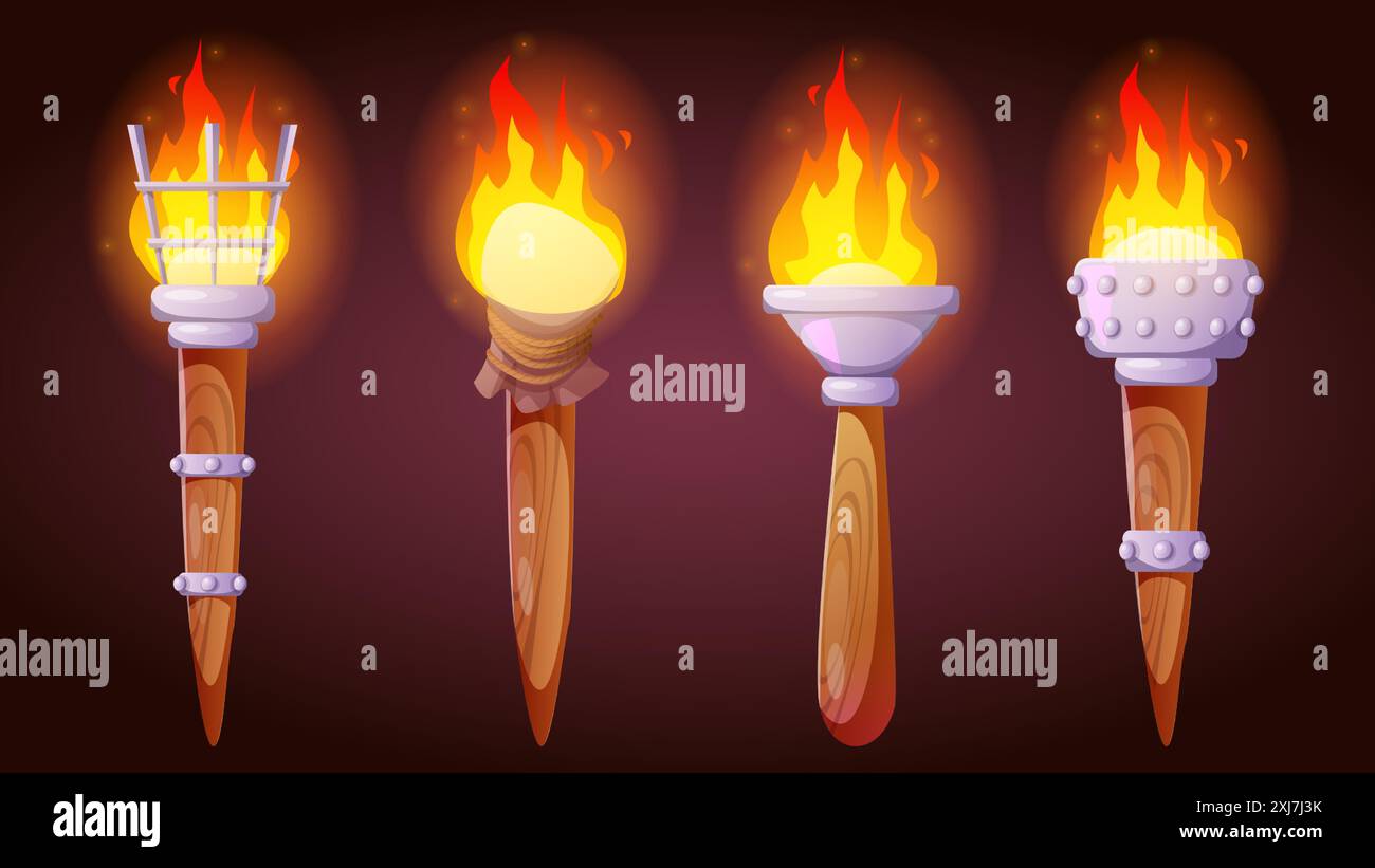 Burning fire torches set isolated on black. Vector cartoon illustration ...