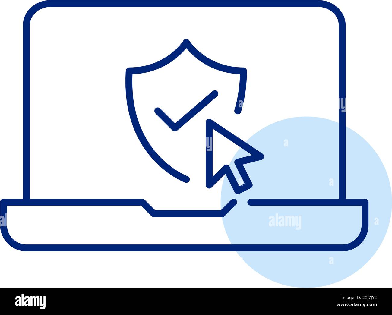 Laptop, shield, checkmark and mouse click. Protected device, verified access, approved user ...