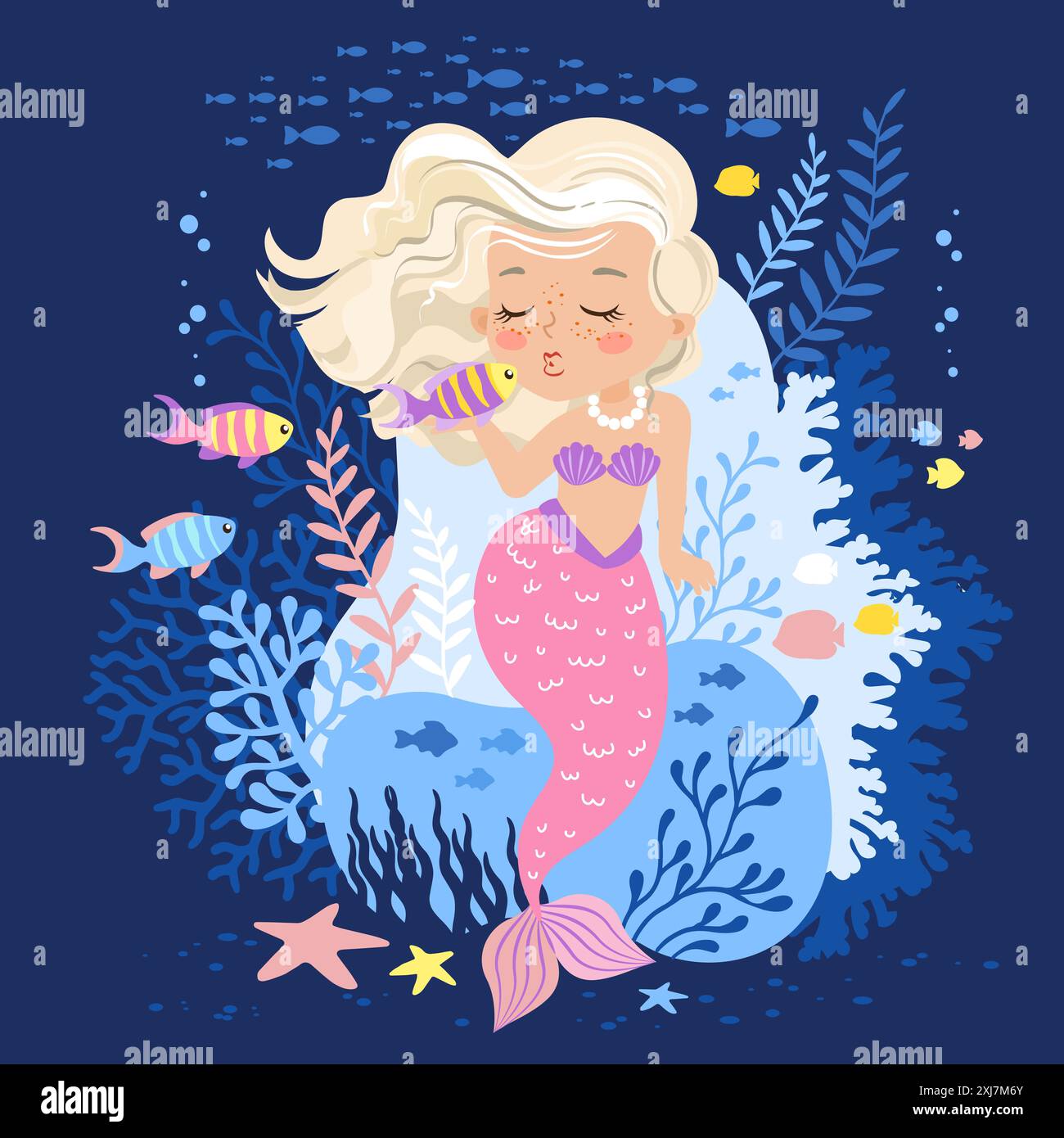 Hand drown vector illustration of Beautiful Girl Mermaid. Underwater ...