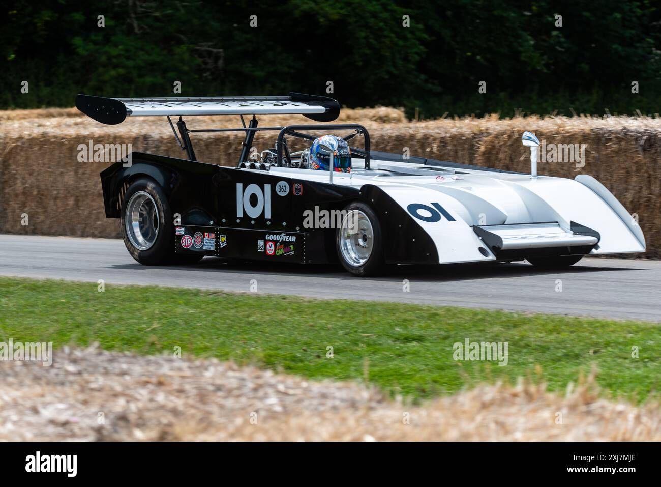 1971 Shadow-Chevrolet MKII race car driving up the hill climb track at ...