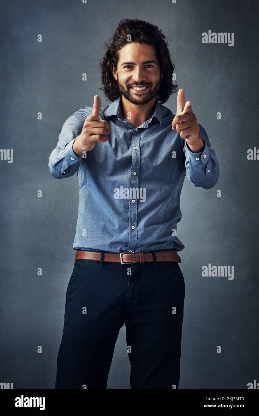 Business, man and portrait with finger point for recruitment choice ...