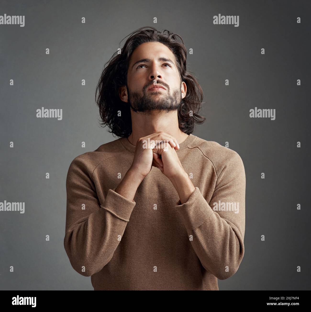 Man, hands and praying in studio for hope with holy worship, spiritual ...