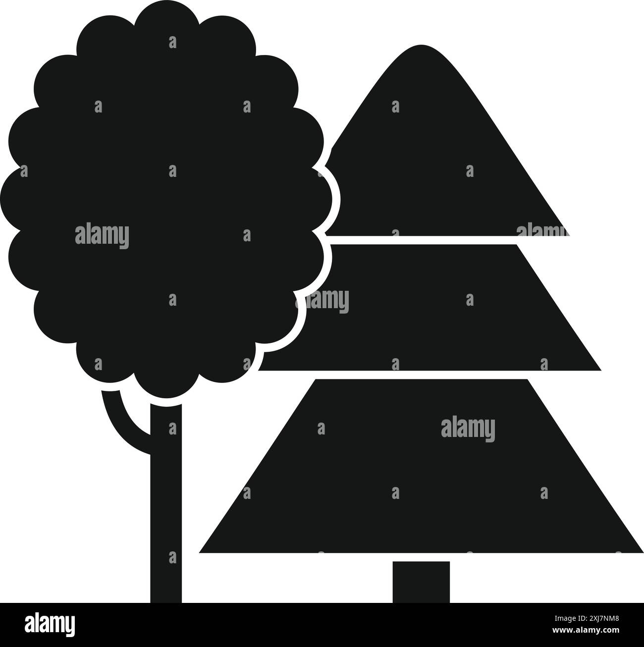 Black and white image of a stylized tree and conifer growing side by ...