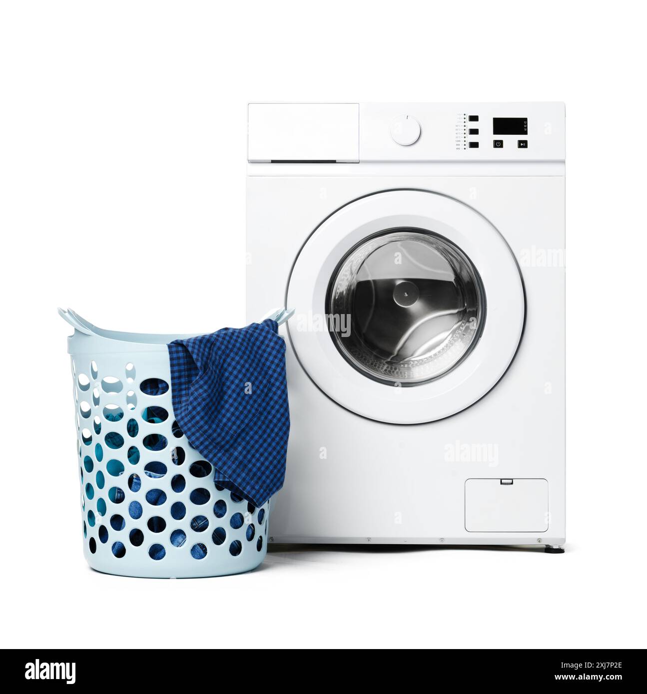 White Front Loading Washing Machine With Blue Laundry Basket Stock ...