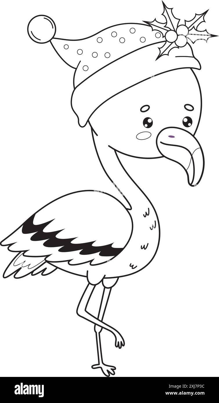 Christmas flamingo in Santa hat with holly. Outline holiday cartoon ...