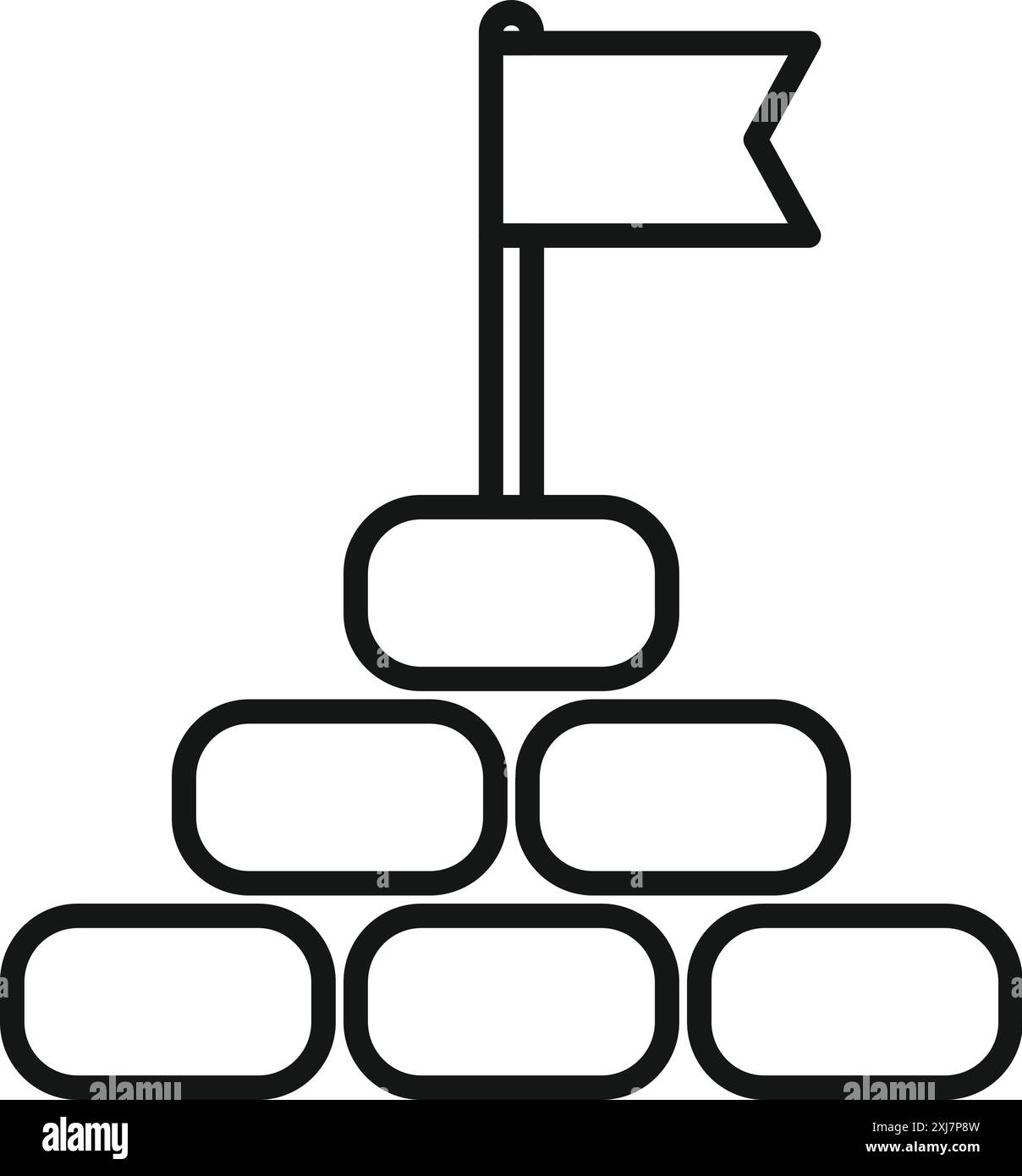 Line drawing of a flag standing on a stone pyramid representing goal ...