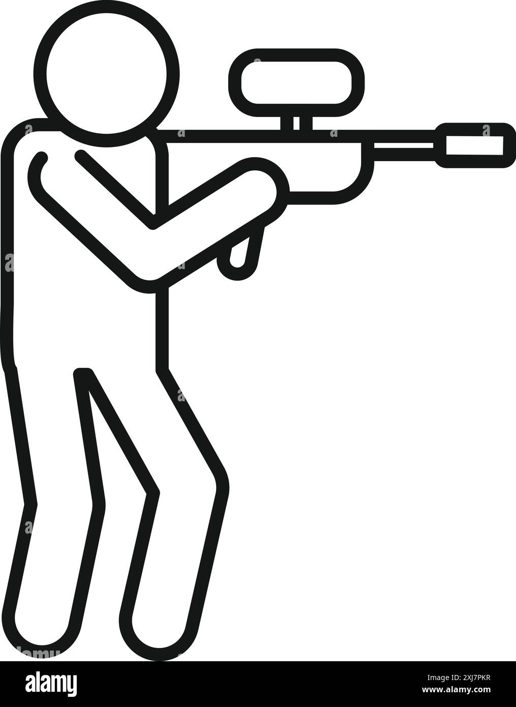 Paintball player is aiming, holding his paintball marker gun, ready to ...