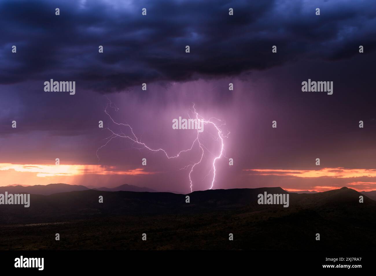 Dramatic sunset sky and monsoon lightning storm in the desert near Carefree, Arizona Stock Photo ...