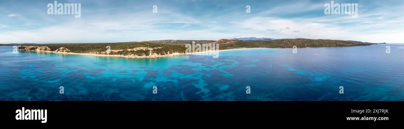 Panoramic aerial view of the Plage de Balistra and Plage de Vo'lpe and ...