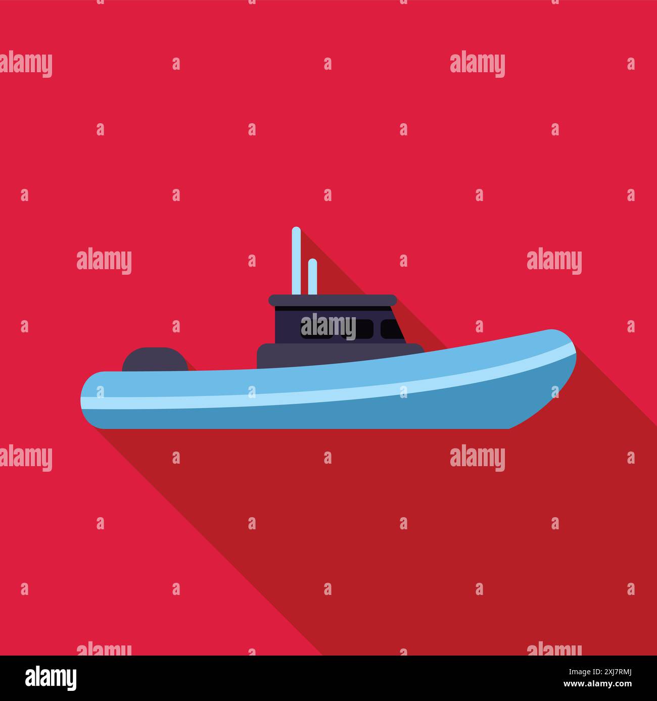 Blue motor boat with a windshield, floating on water, long shadow ...