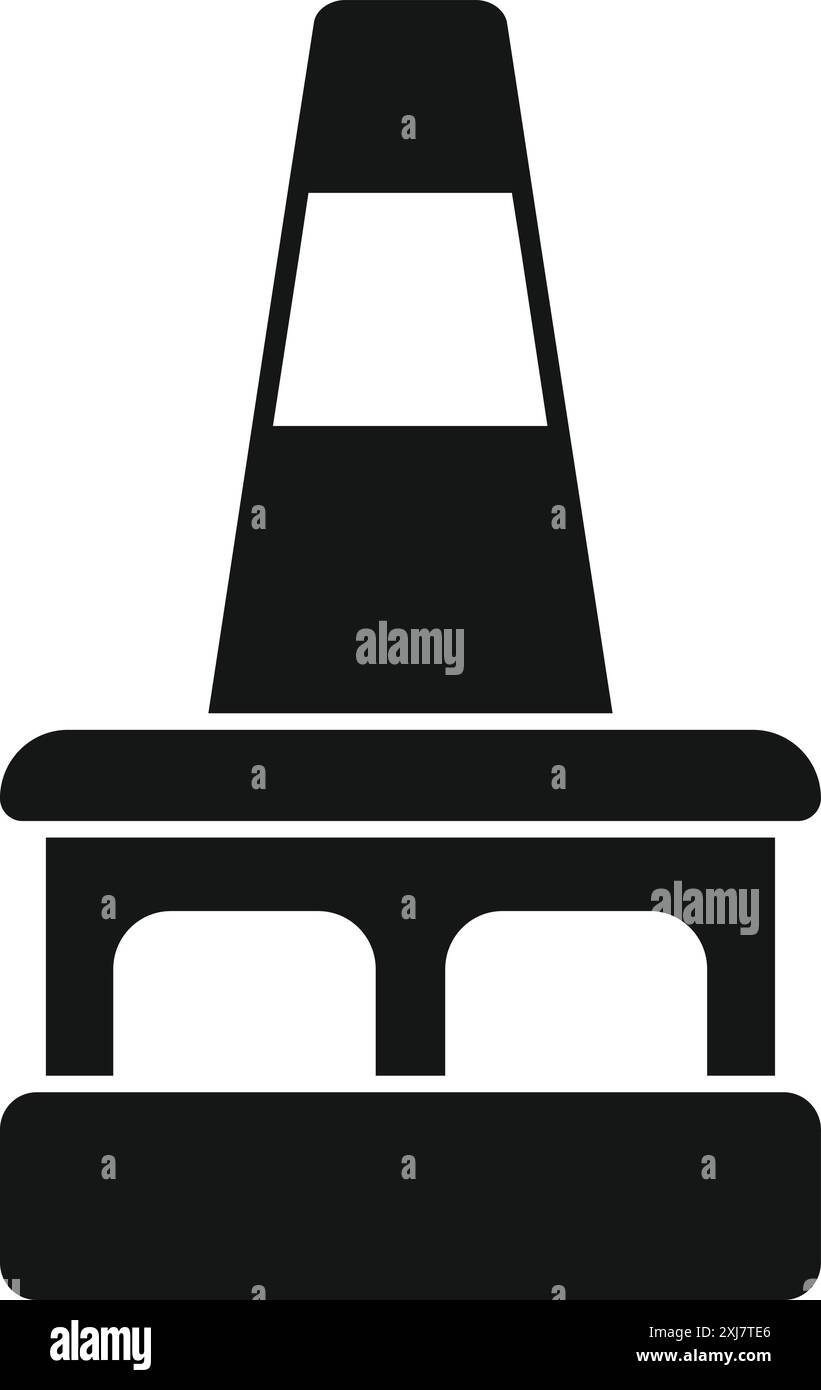 Simple black and white icon of a traffic cone standing on a square base ...