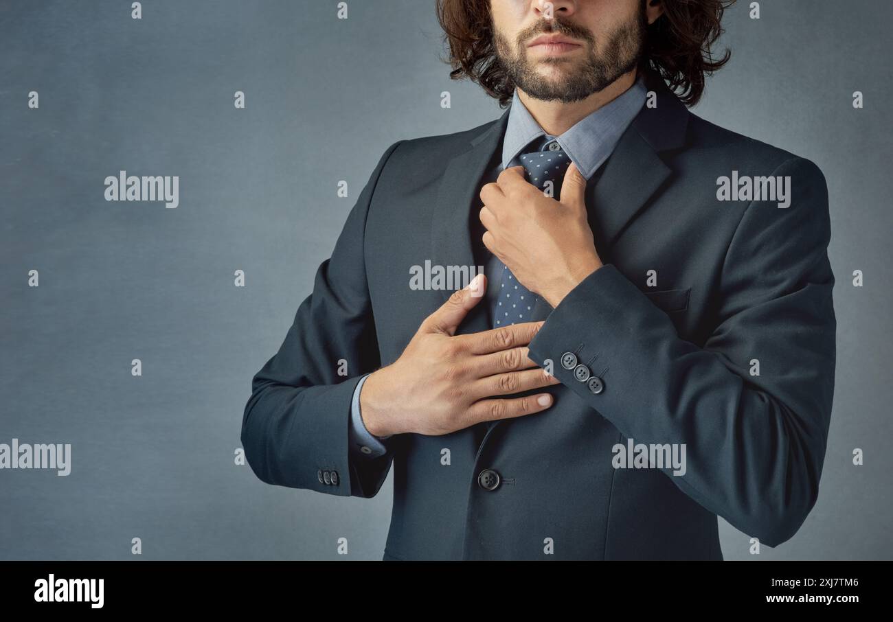 Hands, suit and tie in studio for business man, ready and formal attire ...