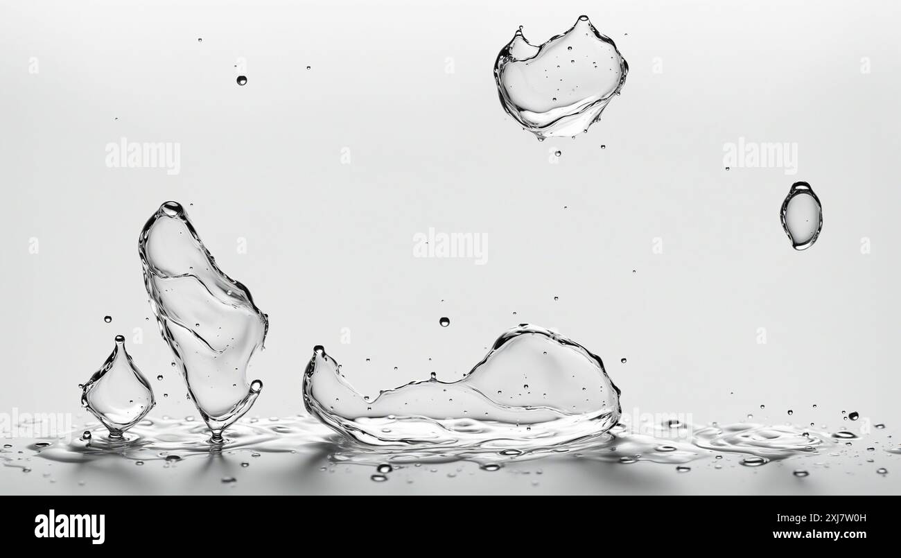 Water droplets frozen in mid-air, splash patterns against white ...