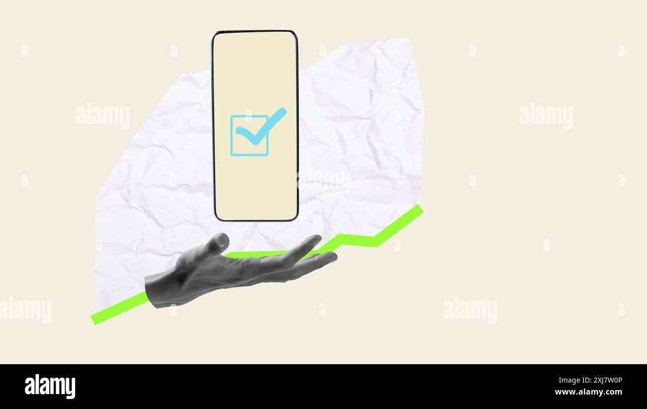 A human hand showing a mobile phone with a checkmark sign on the screen ...