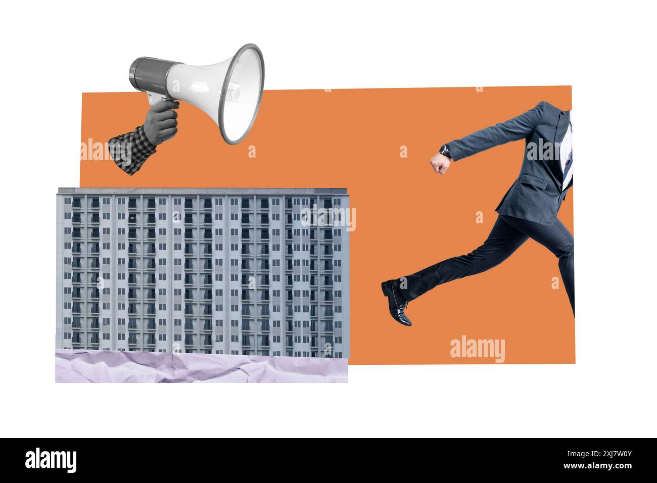 A human hand holding a megaphone with a running businessman on a ...