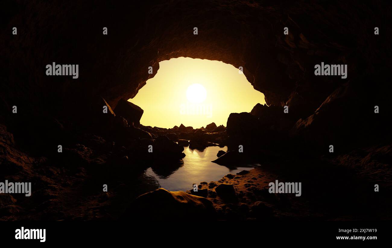 Bright, golden sunset shines through the opening of a sea cave ...