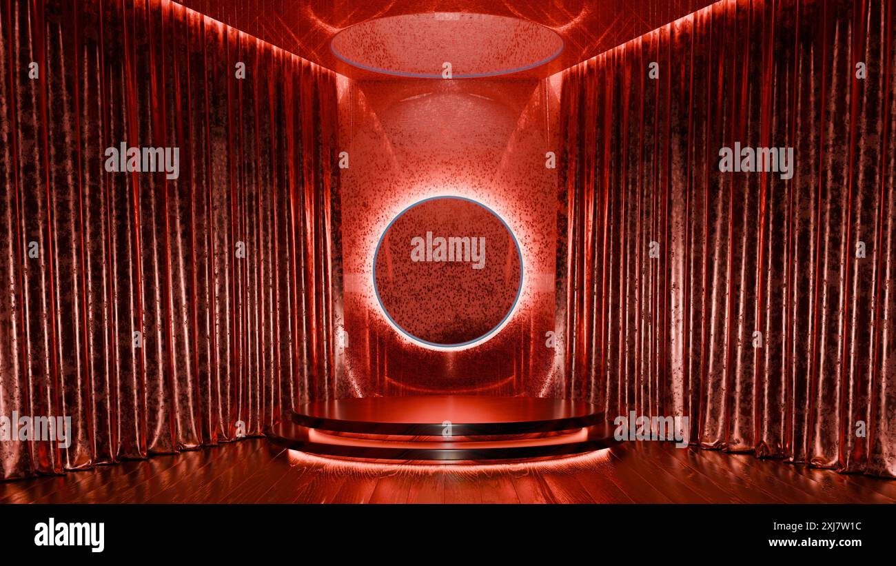 Dimly lit interior space with red velvet curtains on either side of a ...