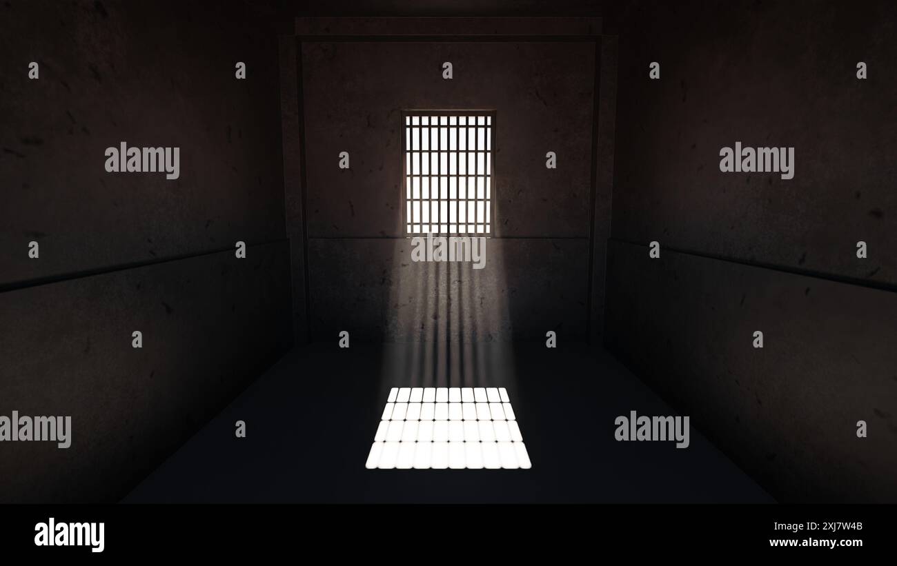 Solitary ray of light illuminates the dusty floor of a prison cell ...
