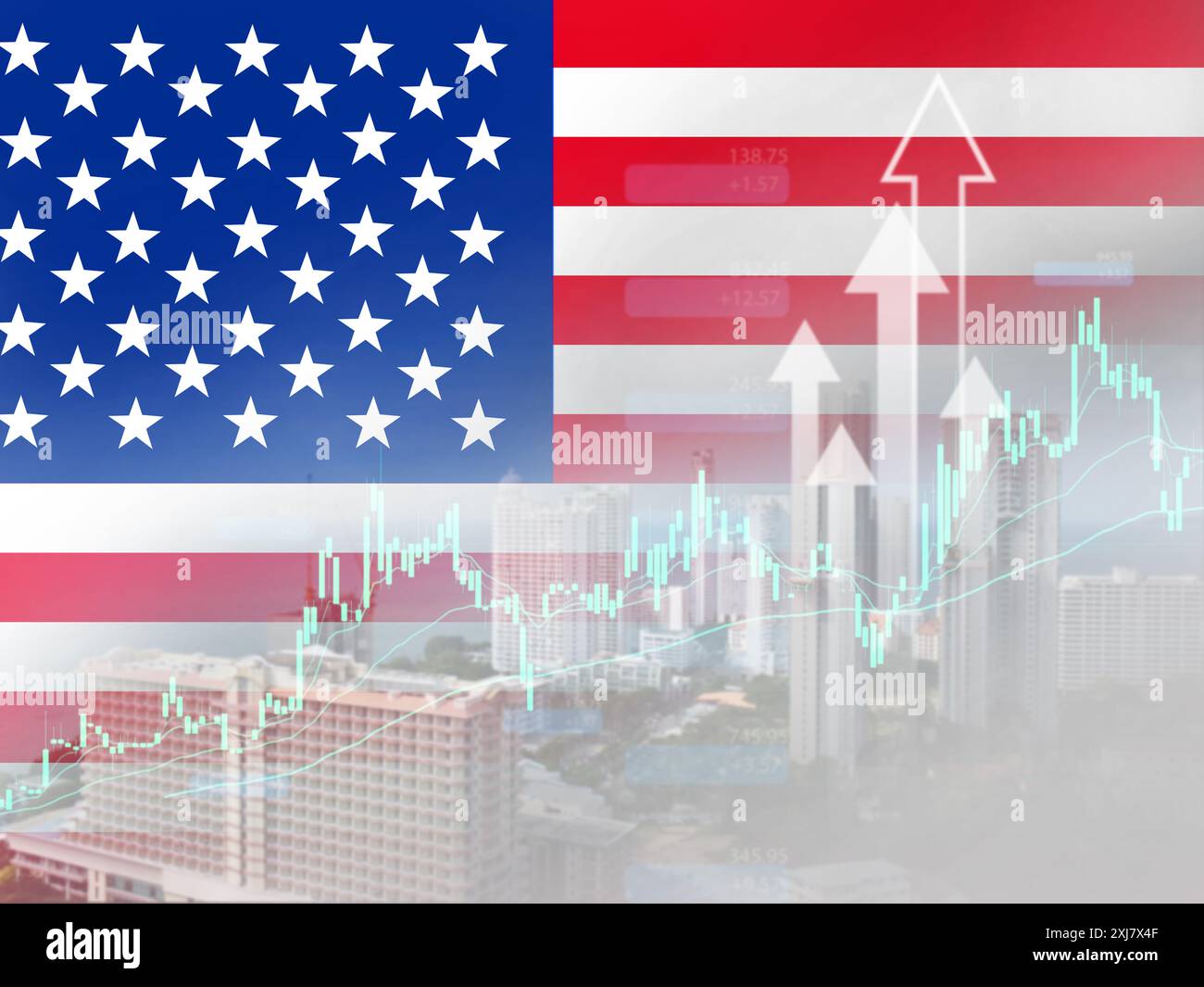 USA flag background, USA Business arrow up and Financial and real ...