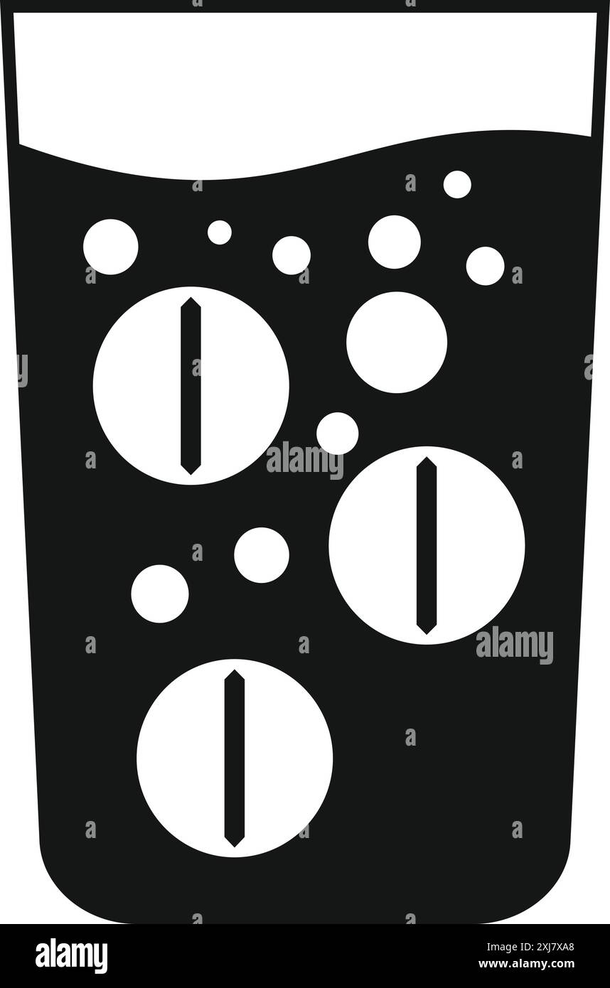 Black and white icon of a glass with effervescent tablets dissolving in ...