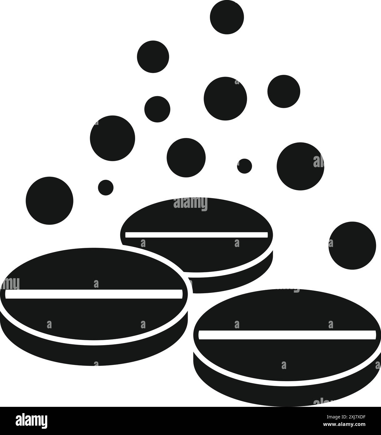 Black and white icon of effervescent tablets dissolving with bubbles ...