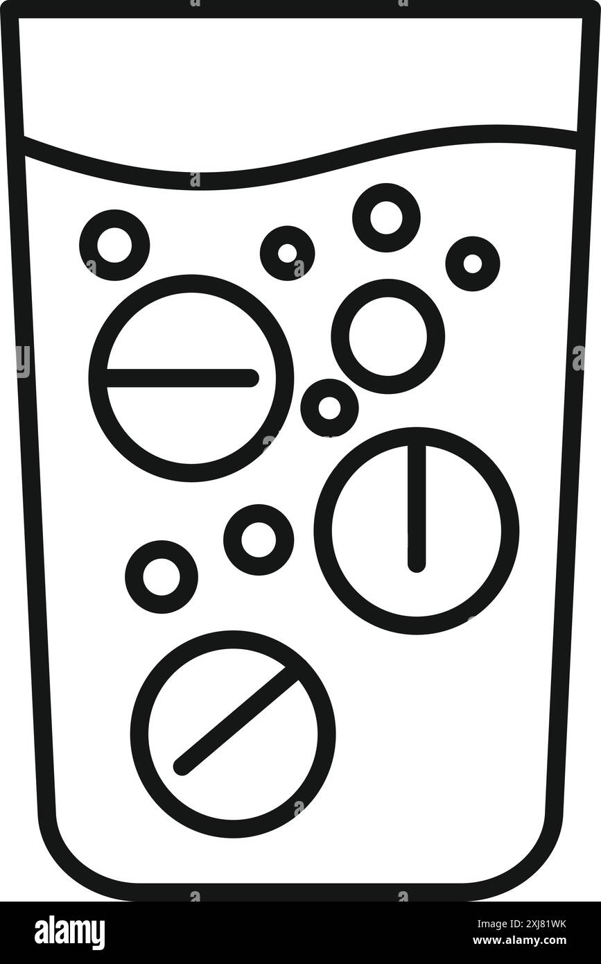 Line drawing of a glass with effervescent tablets dissolving in water ...