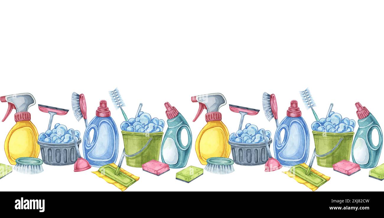 Cleaning toolkit seamless border. Watercolor banner clipart for ...