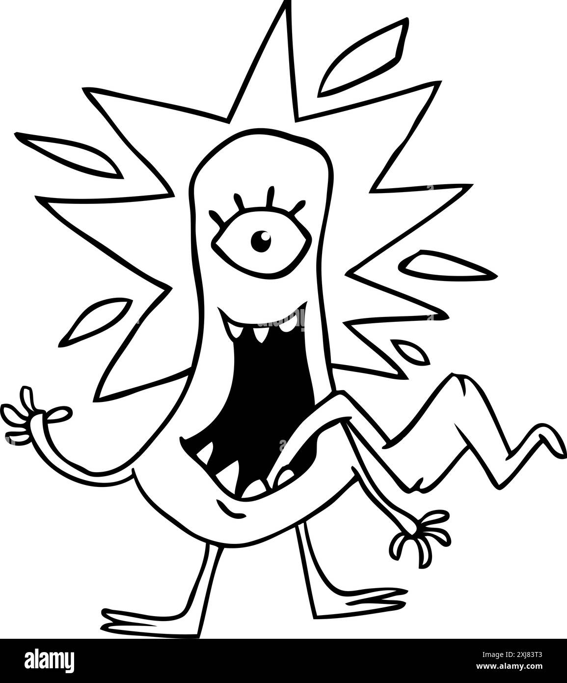 Cartoon funny monster with scary face expression waving hands . Vector ...