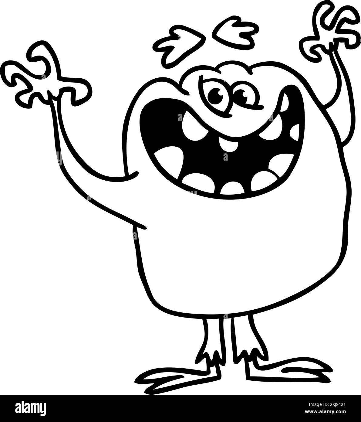 Cartoon funny monster with scary face expression waving hands . Vector ...