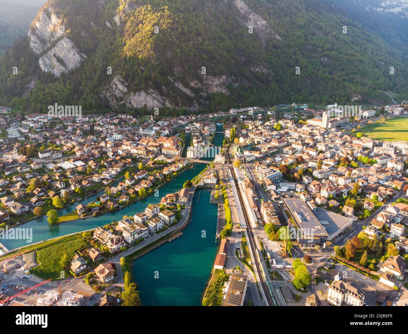 Interlaken, Switzerland: Aerial drone view of the Interlaken old town ...