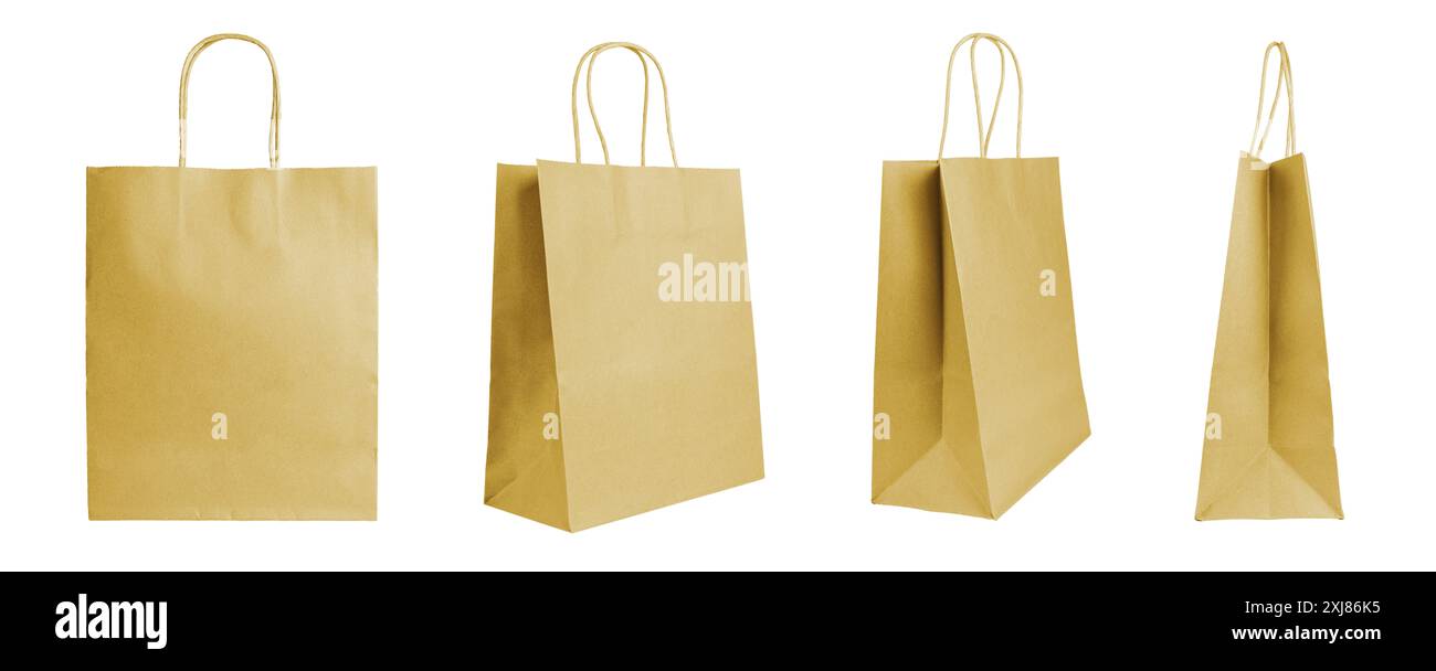 Set of different angles blank yellow craft paper bags isolated on white ...