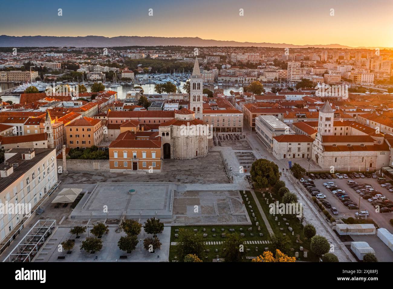 Zadar, Croatia - Aerial view of the Forum of the old town of Zadar with ...