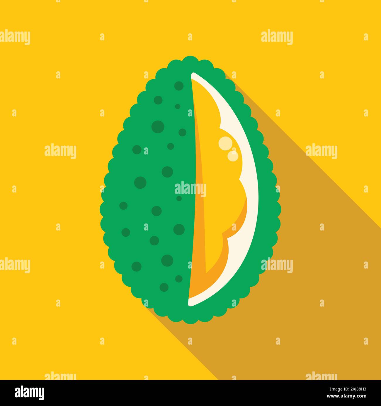 Durian fruit showing its delicious inside on a yellow background ...