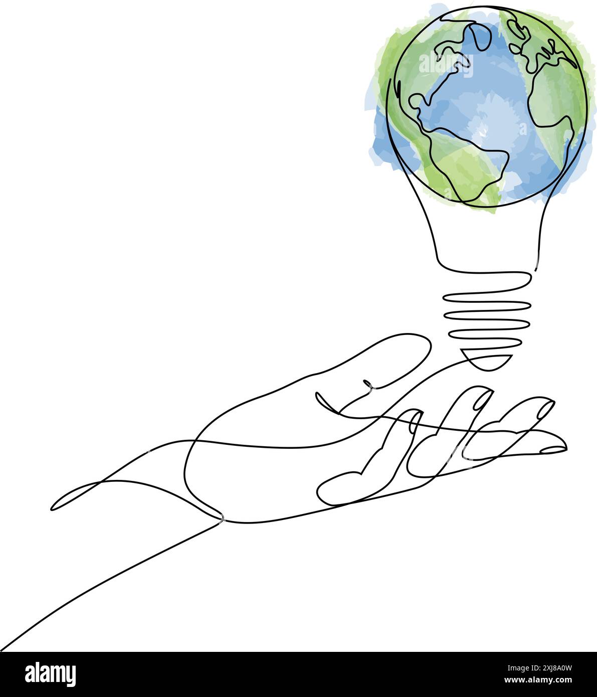Continuous one line drawing of human hand holding light bulb with Earth ...