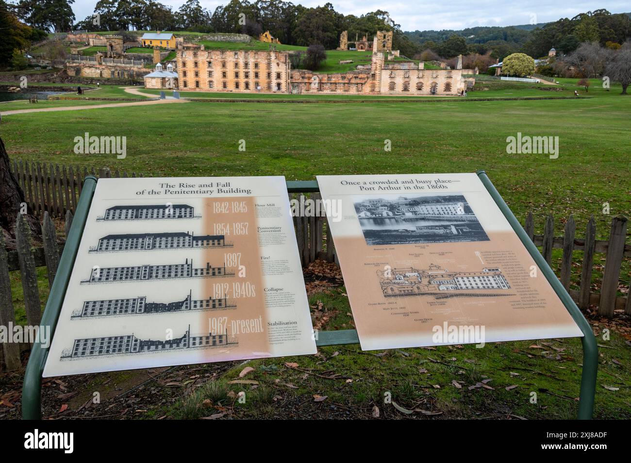 Two large visitor information display boards, giving the history on the ...