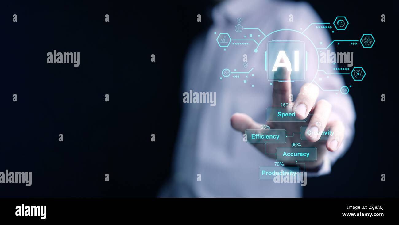 Ai, artificial intelligence, 's impact. A man taps his finger on AI ...