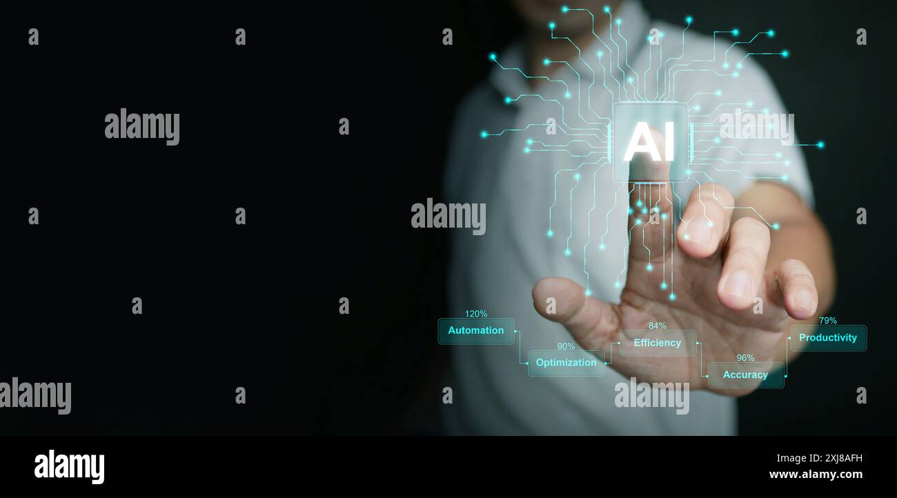 Ai, artificial intelligence, 's impact. A man taps his finger on AI virtual screen using it to ...