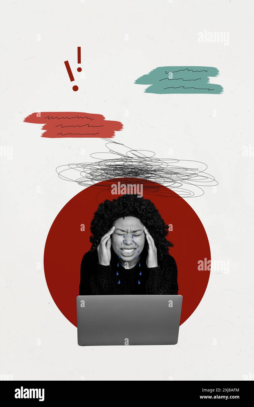 Vertical photo collage of sad american girl cry depressed mood macbook ...