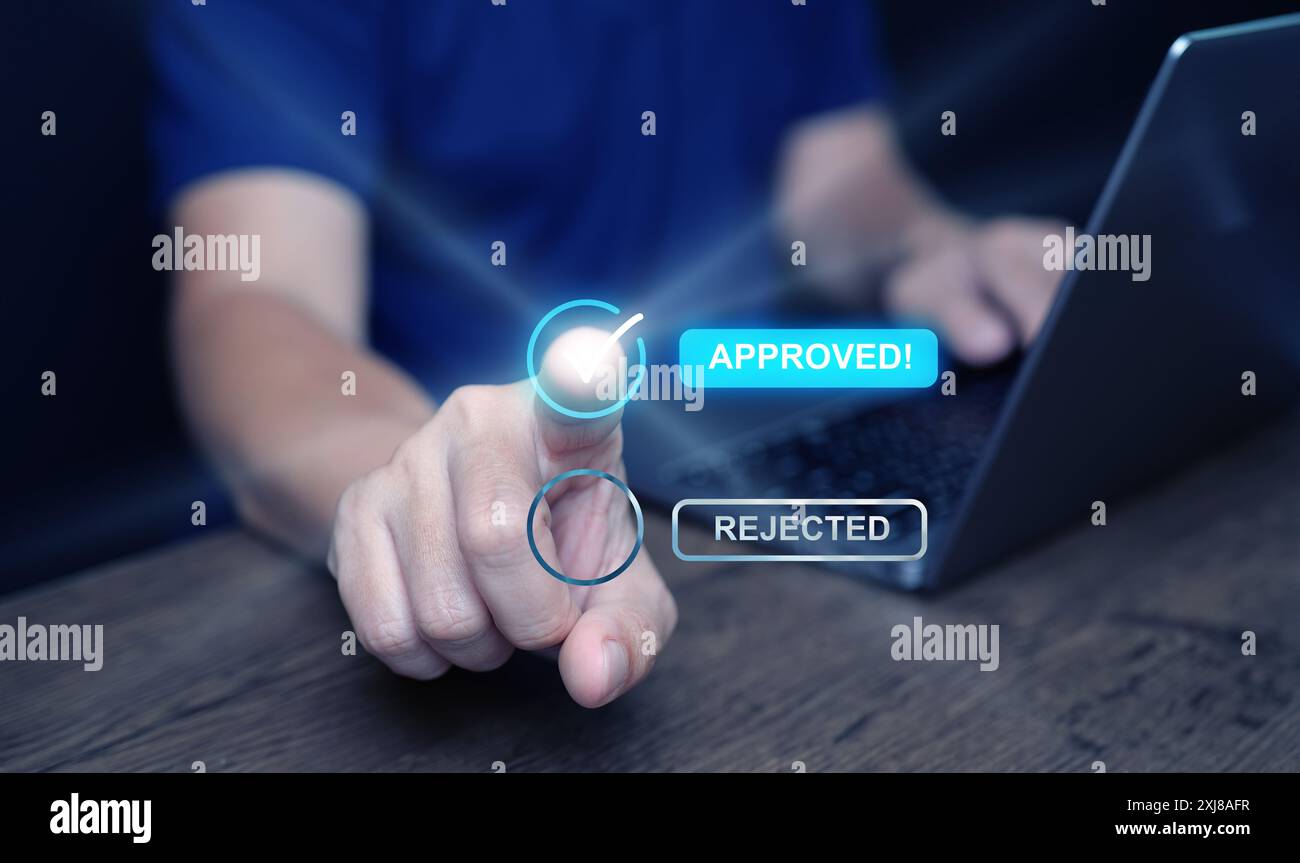 Approve concept. A man taps on an approved choice and make a correct ...